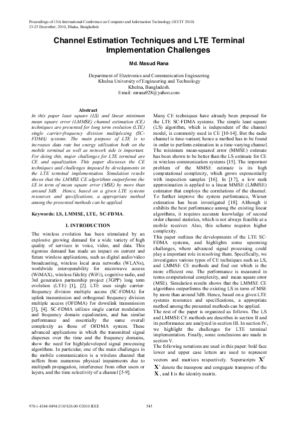 (PDF) Channel estimation techniques and LTE terminal implementation challenges | Masud Rana ...