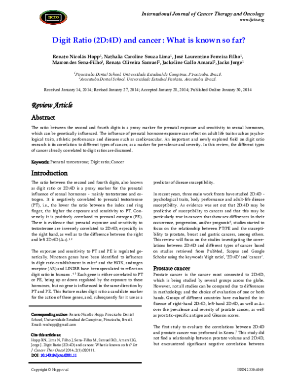(PDF) Digit Ratio (2D:4D) and cancer: What is known so far?