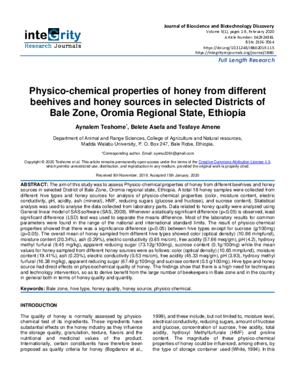 (PDF) Physico-chemical properties of honey from different beehives and honey sources in selected ...