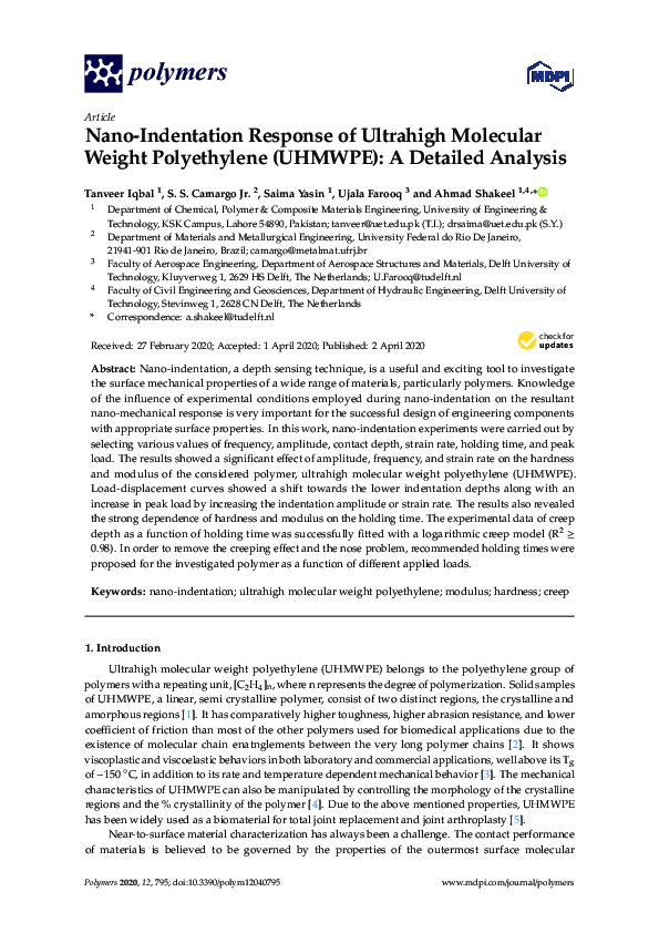 (PDF) Nano-Indentation Response of Ultrahigh Molecular Weight Polyethylene (UHMWPE): A Detailed ...