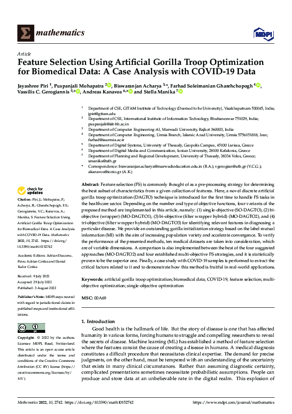 (PDF) Feature Selection Using Artificial Gorilla Troop Optimization for Biomedical Data: A Case ...