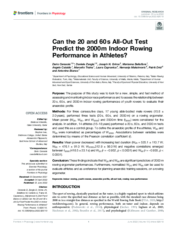(PDF) Can the 20 and 60 s All-Out Test Predict the 2000 m Indoor Rowing ...