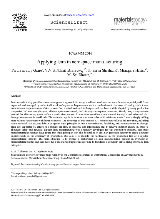 (PDF) Applying lean in aerospace manufacturing
