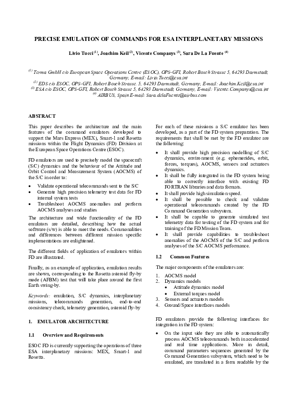 (PDF) Precise Emulation of Commands for Esa Interplanetary Missions