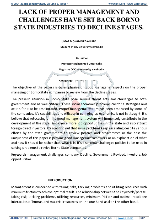 (PDF) Lack of Proper Management and Challenges Have Set Back Borno ...