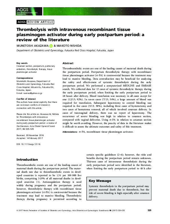 (PDF) Thrombolysis with intravenous recombinant tissue plasminogen ...