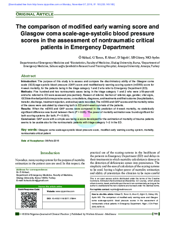 (PDF) The comparison of modified early warning score and Glasgow coma ...