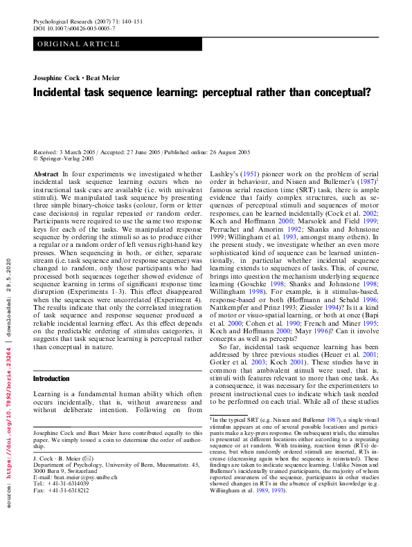 (PDF) Incidental task sequence learning: perceptual rather than conceptual?
