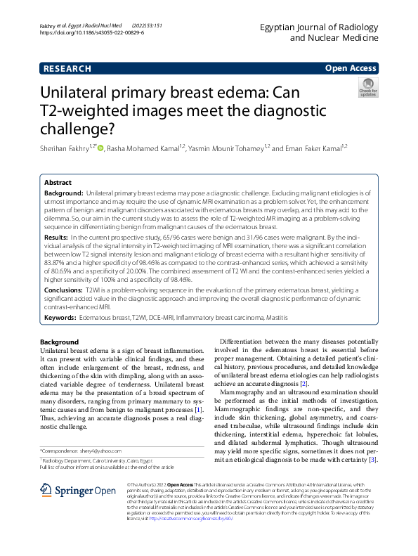 (PDF) Unilateral primary breast edema: Can T2-weighted images meet the ...