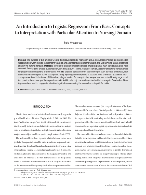(PDF) An introduction to logistic regression: from basic concepts to interpretation with ...