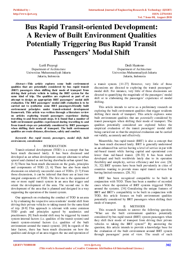 Pdf Bus Rapid Transit Oriented Development A Review Of Built Environment Qualities