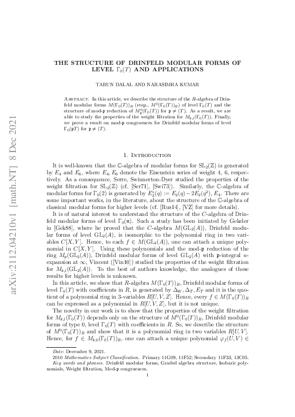 Pdf The Structure Of Drinfeld Modular Forms Of Level Gamma0t And Applications