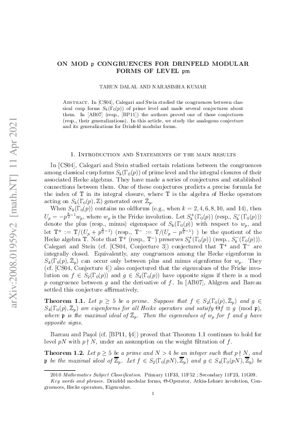 Pdf On Mod P Congruences For Drinfeld Modular Forms Of Level Pm