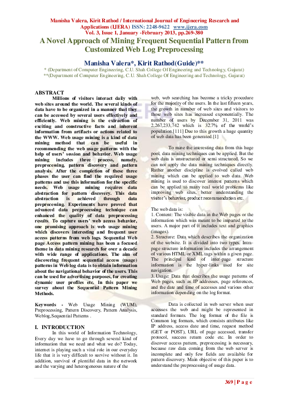 Pdf A Novel Approach Of Mining Frequent Sequential Pattern From Customized Web Log