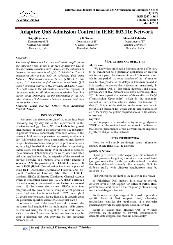 (PDF) Adaptive QoS Admission Control in IEEE 802.11e Network | satyajit sarmah - Academia.edu