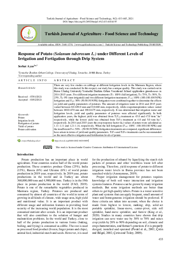 (PDF) Response of Potato (Solanum tuberosum L.) under Different Levels of Irrigation and ...