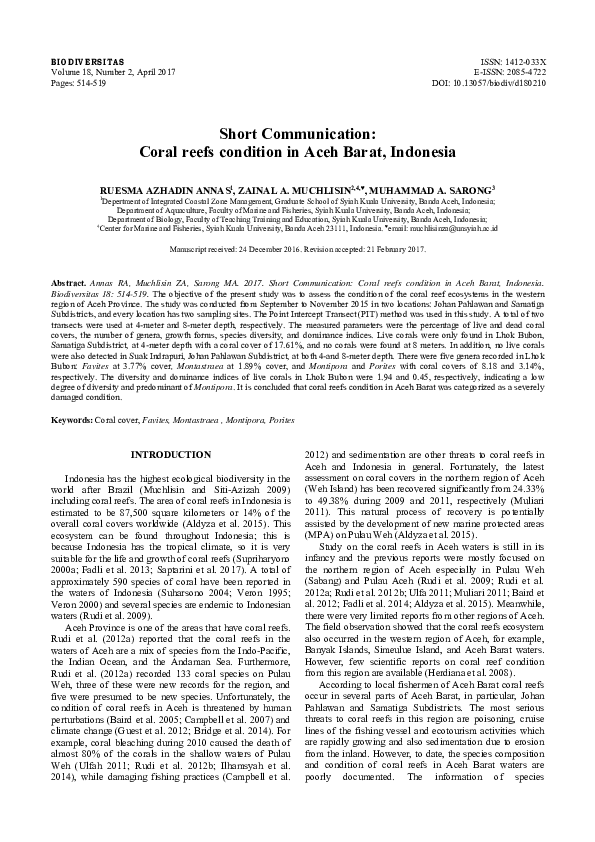 (PDF) Short Communication: Coral reefs condition in Aceh Barat, Indonesia