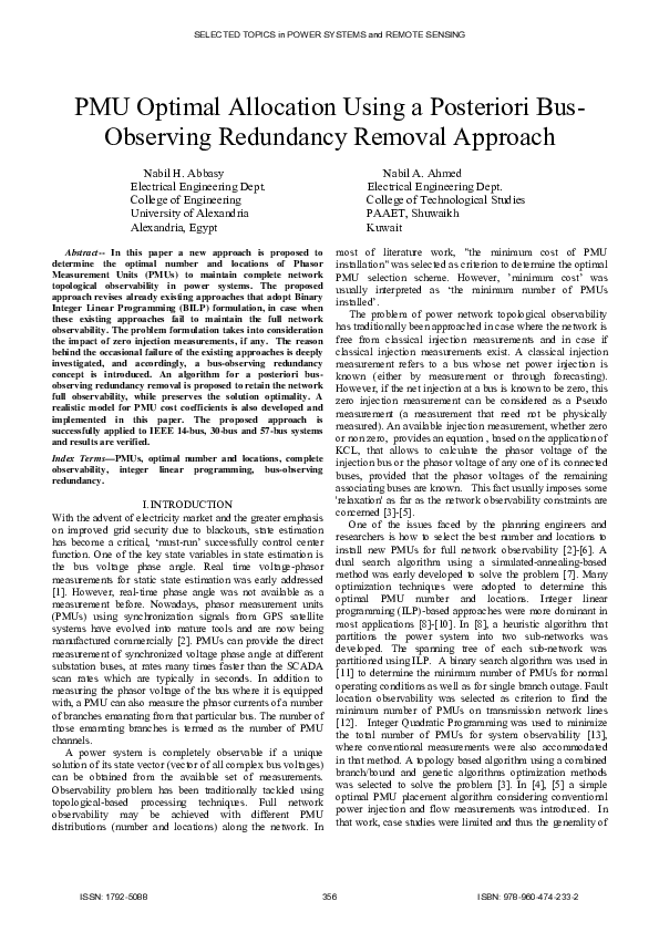 (PDF) PMU Optimal Allocation Using a Posteriori Bus-Observing Redundancy Removal Approach