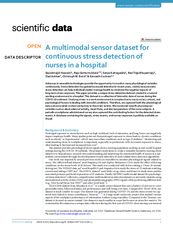 Pdf A Multimodal Sensor Dataset For Continuous Stress Detection Of Nurses In A Hospital