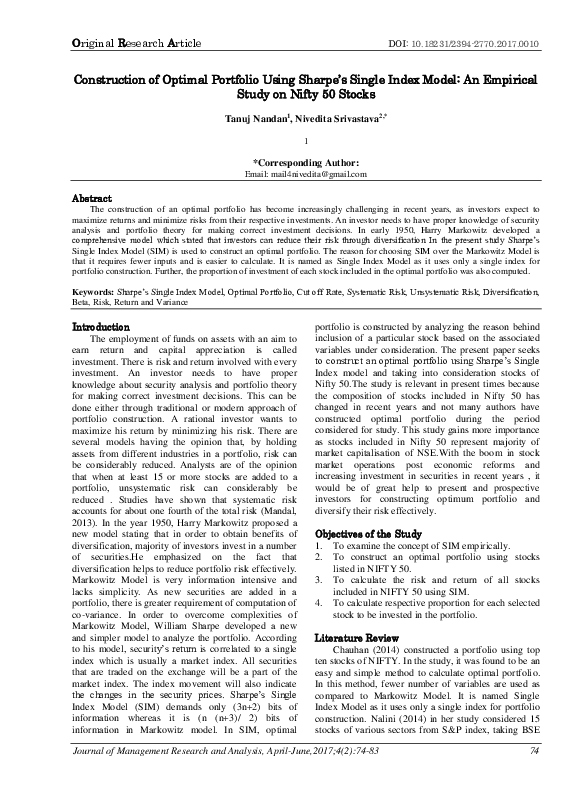 (PDF) The construction of optimal portfolio using sharpe's single index ...