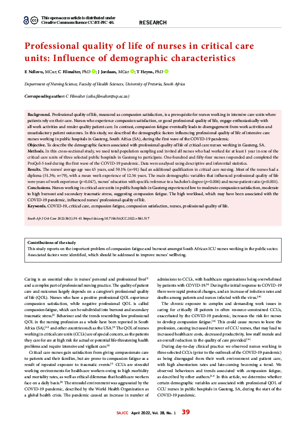 (PDF) Professional quality of life of nurses in critical care units: Influence of demographic ...