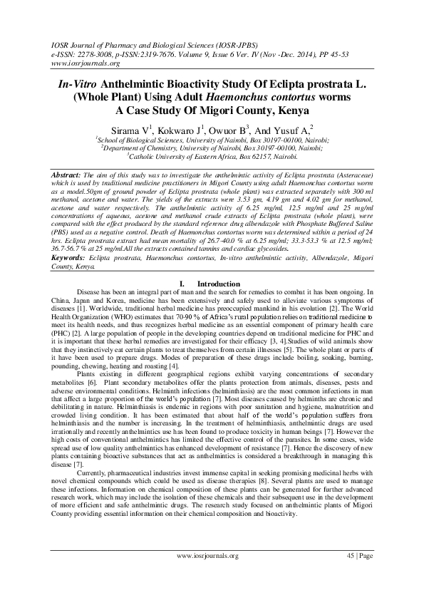 (PDF) In-Vitro Anthelmintic Bioactivity Study Of Eclipta prostrata L ...