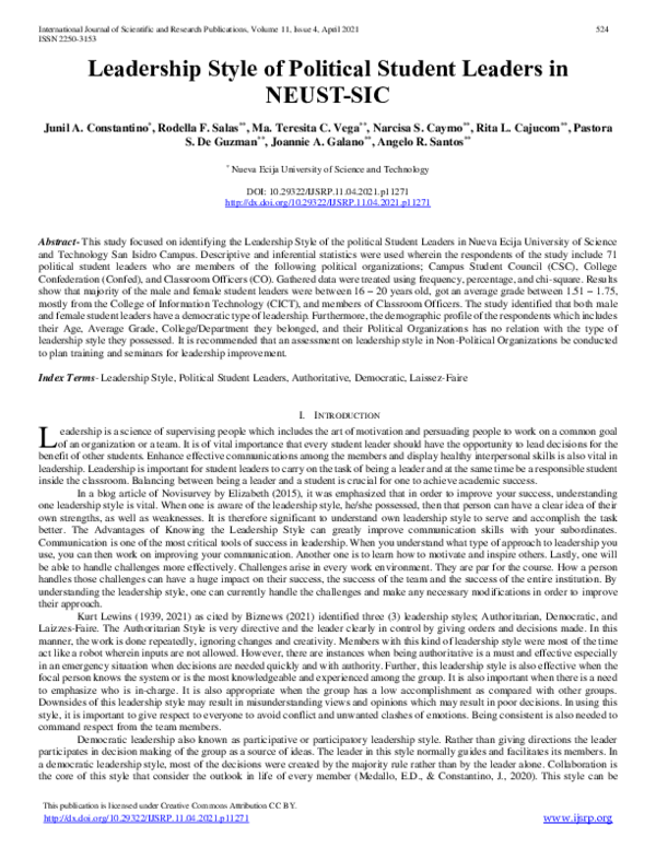 (PDF) Leadership Style of Political Student Leaders in NEUST-SIC