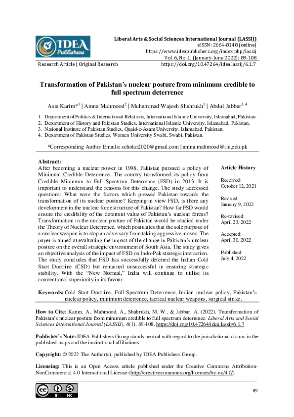 (PDF) Transformation of Pakistan’s nuclear posture from minimum ...
