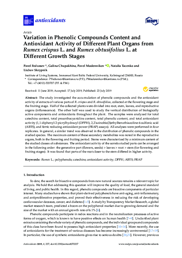(PDF) Variation in Phenolic Compounds Content and Antioxidant Activity of Different Plant Organs ...