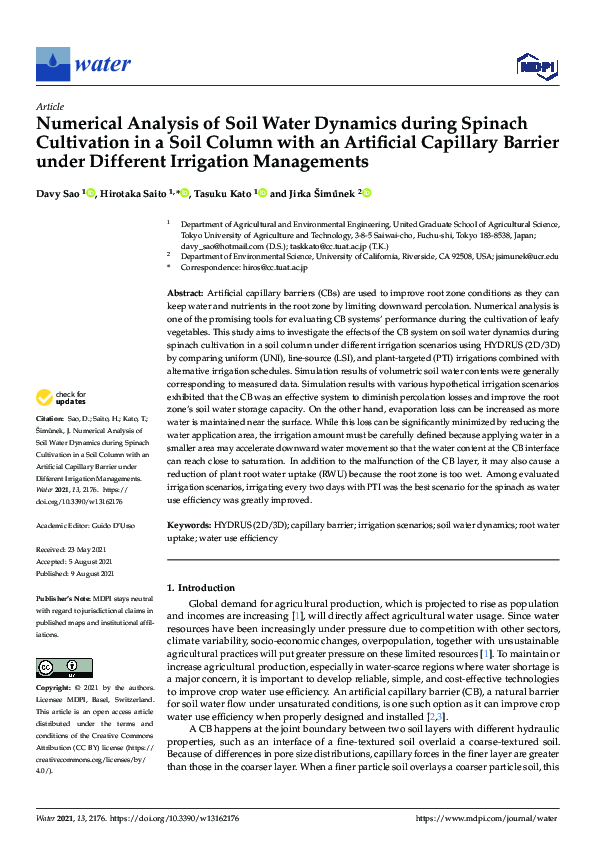 (PDF) Numerical Analysis of Soil Water Dynamics during Spinach Cultivation in a Soil Column with ...