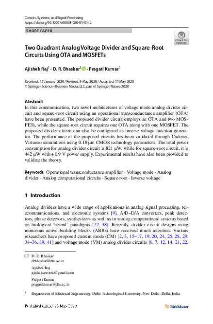 Pdf Two Quadrant Analog Voltage Divider And Square Root Circuits Using Ota And Mosfets