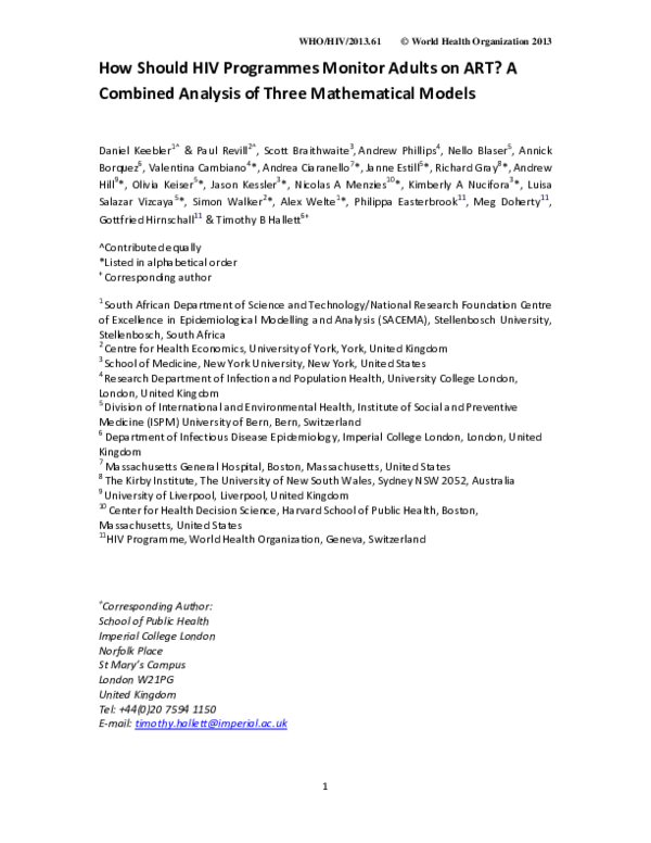 (PDF) How should HIV programmes monitor adults on ART? A combined ...