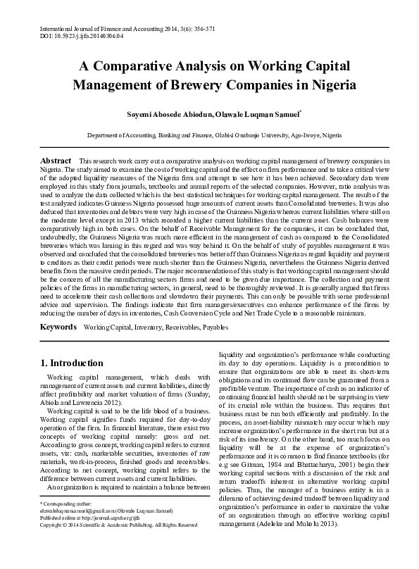 (PDF) A Comparative Analysis on Working Capital Management of Brewery Companies in Nigeria