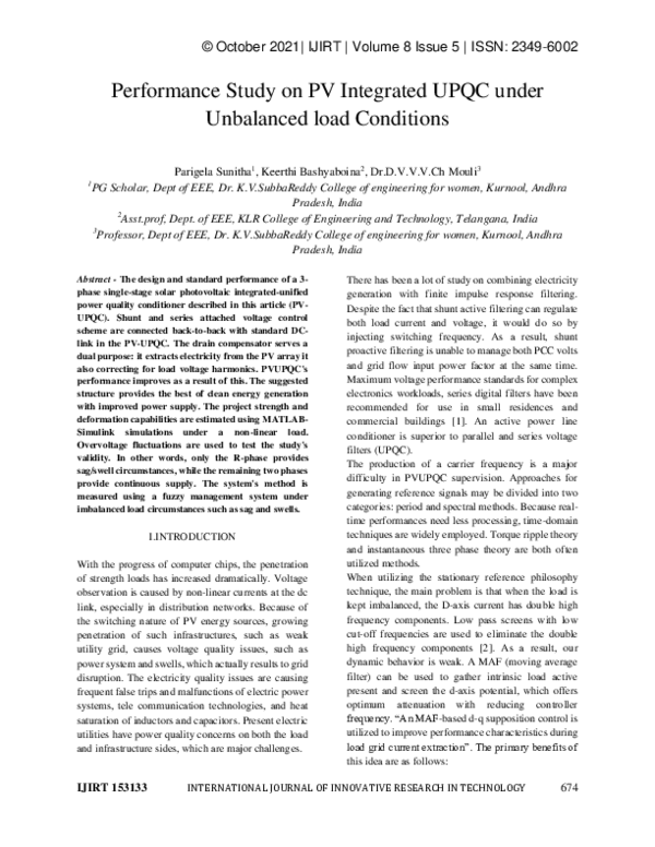 (PDF) Performance Study on PV Integrated UPQC under Unbalanced load Conditions
