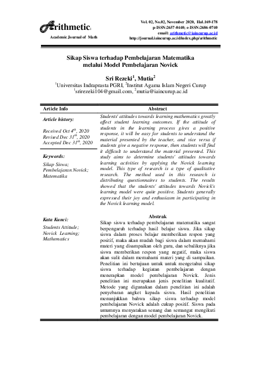 (PDF) Sikap Siswa terhadap Pembelajaran Matematika melalui Model ...