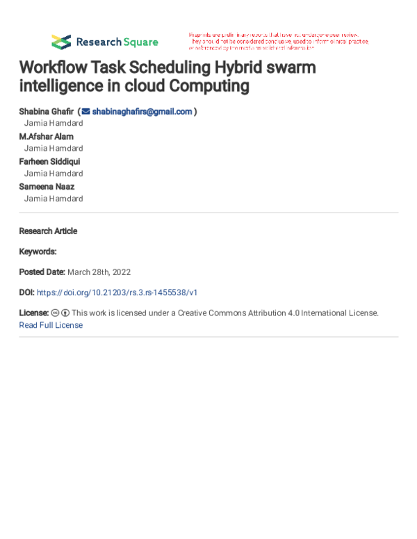 Pdf Workflow Task Scheduling Hybrid Swarm Intelligence In Cloud Computing Sameena Naaz