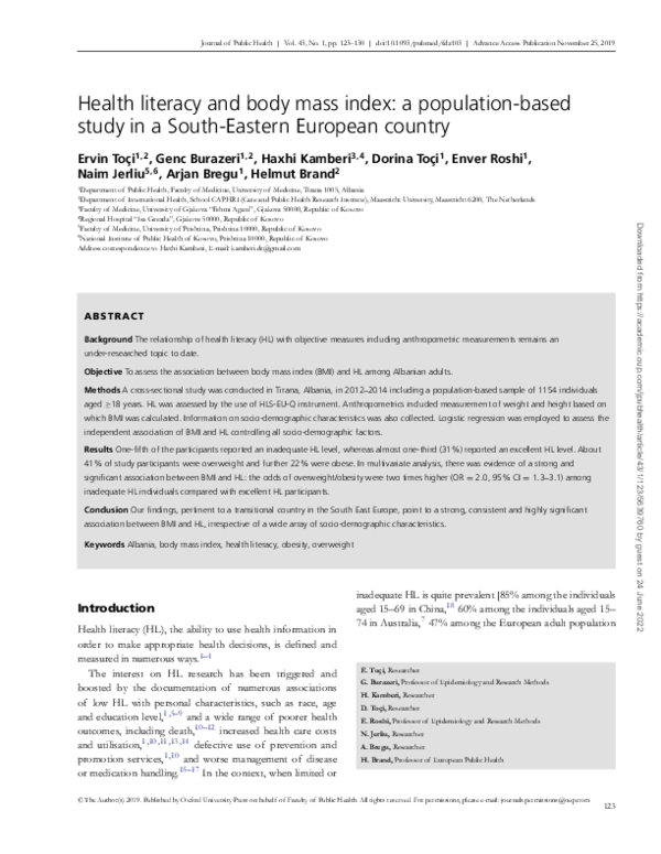 (PDF) Health literacy and body mass index: a population-based study in ...
