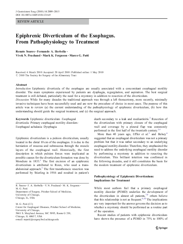 (PDF) Epiphrenic Diverticulum of the Esophagus. From Pathophysiology to Treatment | Renato ...