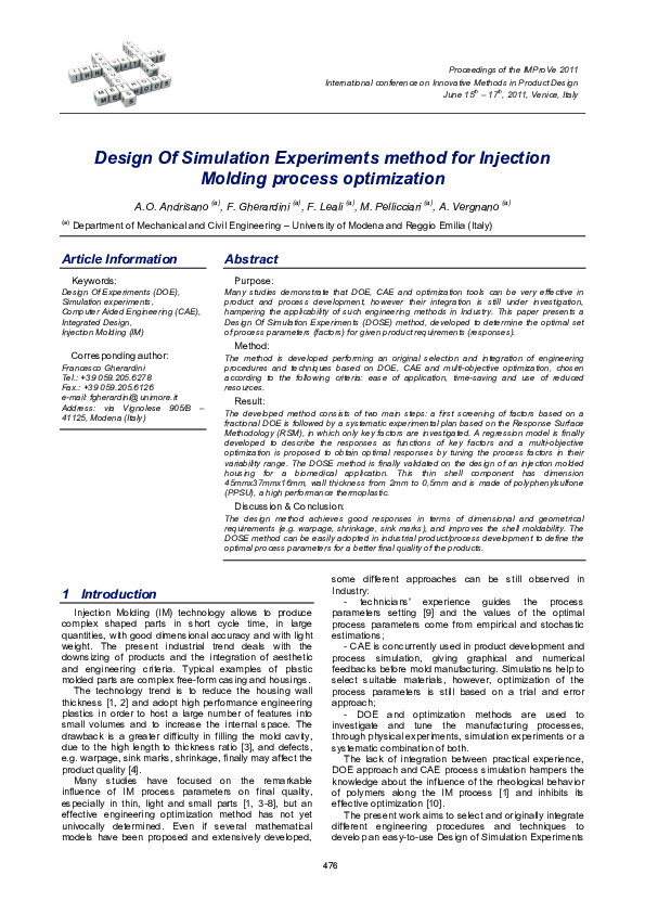 (PDF) Design Of Simulation Experiments method for Injection Molding process optimization