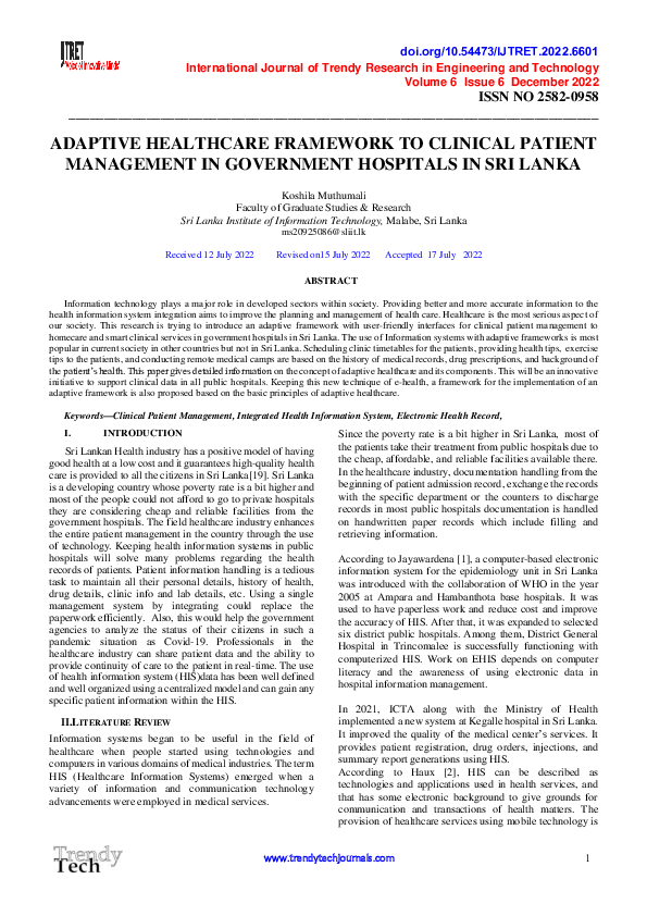 (PDF) ADAPTIVE HEALTHCARE FRAMEWORK TO CLINICAL PATIENT MANAGEMENT IN ...