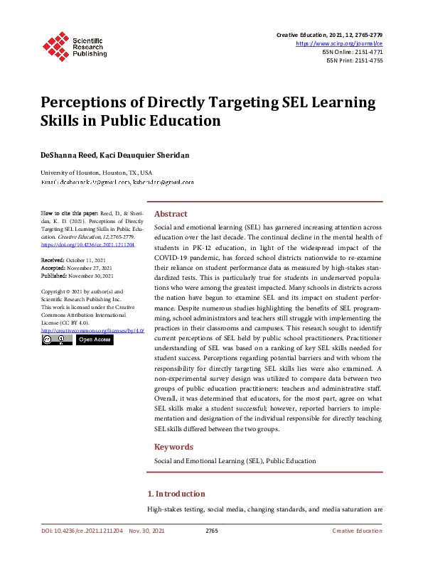 (PDF) Perceptions of Directly Targeting SEL Learning Skills in Public ...