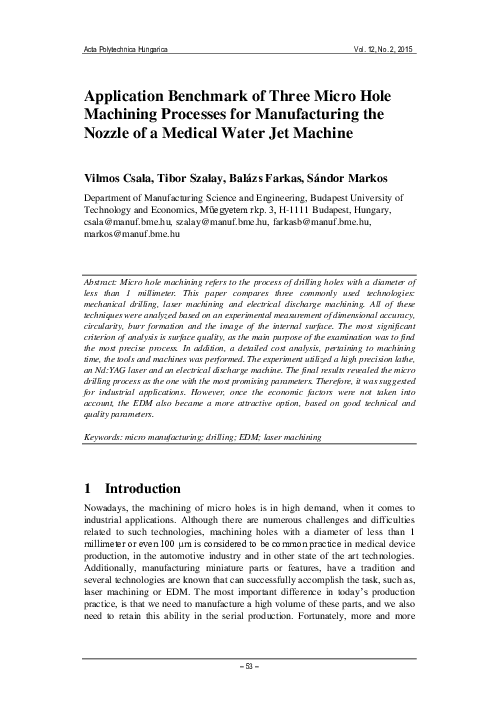 (PDF) Application Benchmark of Three Micro Hole Machining Processes for ...