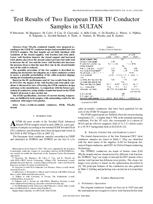 (PDF) Test Results of Two European ITER TF Conductor Samples in SULTAN
