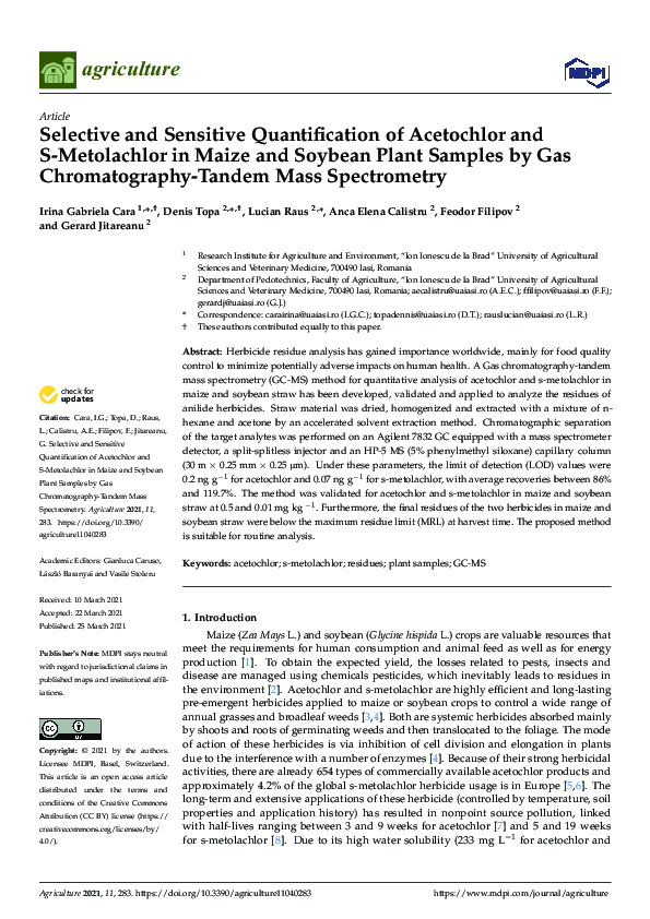 (PDF) Selective and Sensitive Quantification of Acetochlor and S-Metolachlor in Maize and ...