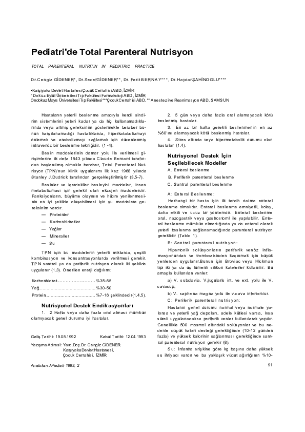 (PDF) Pediatri'de Total Parenteral Nutrisyon