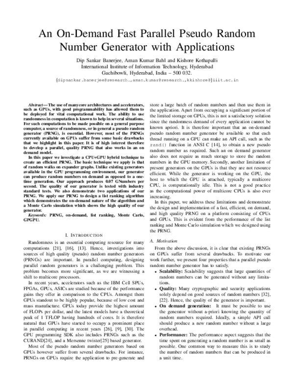 (PDF) An On-Demand Fast Parallel Pseudo Random Number Generator with Applications | aman bahl ...