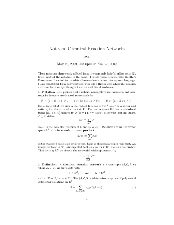 (PDF) Notes on Chemical Reaction Networks