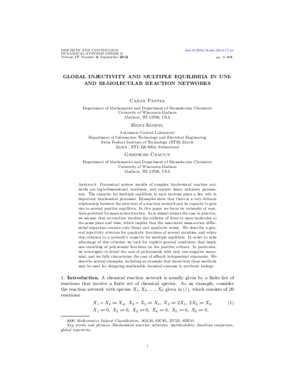 (PDF) Global injectivity and multiple equilibria in uni- and bi-molecular reaction networks