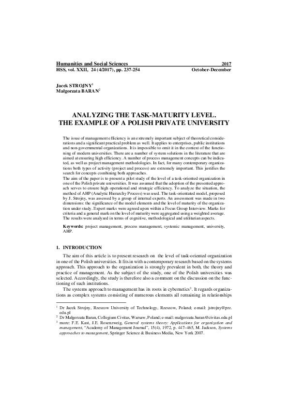 (PDF) Analyzing the Task-Maturity Level. The Example of a Polish Private University | Jacek ...