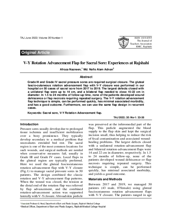 (PDF) V-Y Rotation Advancement Flap for Sacral Sore: Experiences at ...
